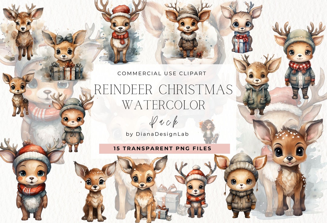 Cute Watercolor Reindeer Clipart Christmas, Woodland Animal Watercolor ...