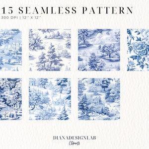 Christmas Toile Digital Paper, Blue and White Toile Seamless Digital ...