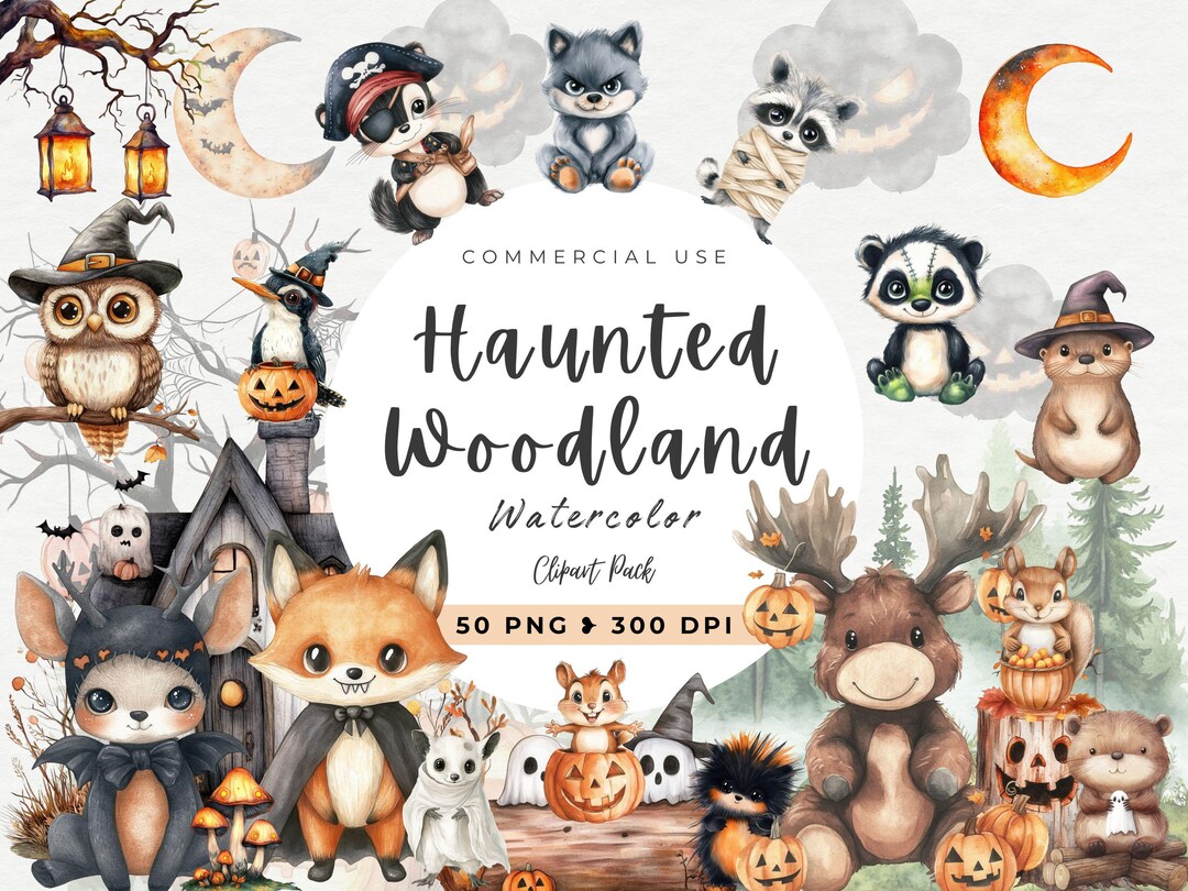 Woodland Halloween Watercolor Clipart, Nursery Decor, Spooky Clipart ...
