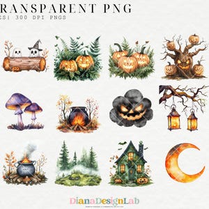 Woodland Halloween Watercolor Clipart, Nursery Decor, Spooky Clipart ...