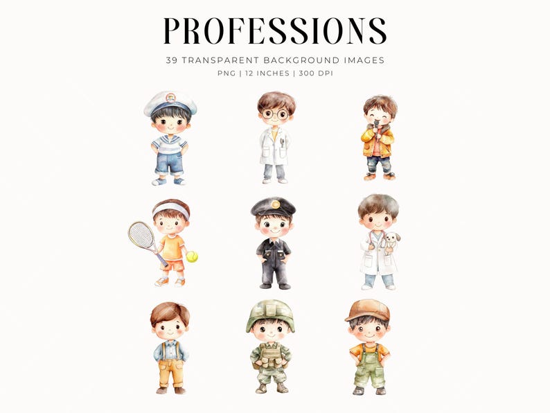 Professions Clipart Commercial, Boys Kids Graphic, Watercolor ...