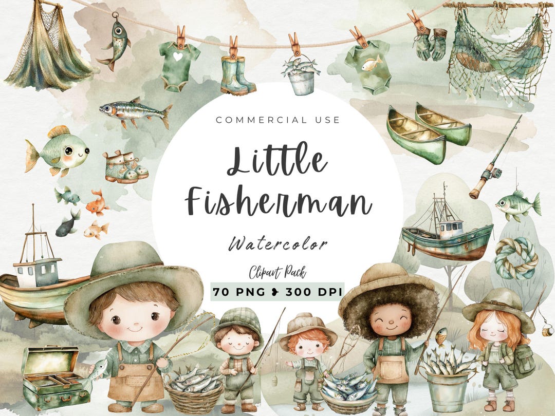 Little Fisherman Clipart, Little Boy Fishing, Printable Watercolor ...