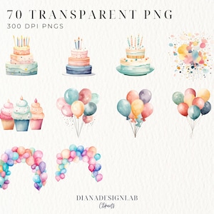 Watercolor Birthday Party Cake Present Balloons Clipart Bundle, Happy ...