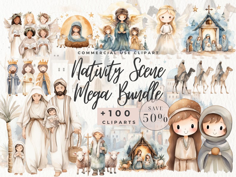 Nativity Scene Watercolor Mega Bundle Clipart, Xmas Watercolor Jesus ...