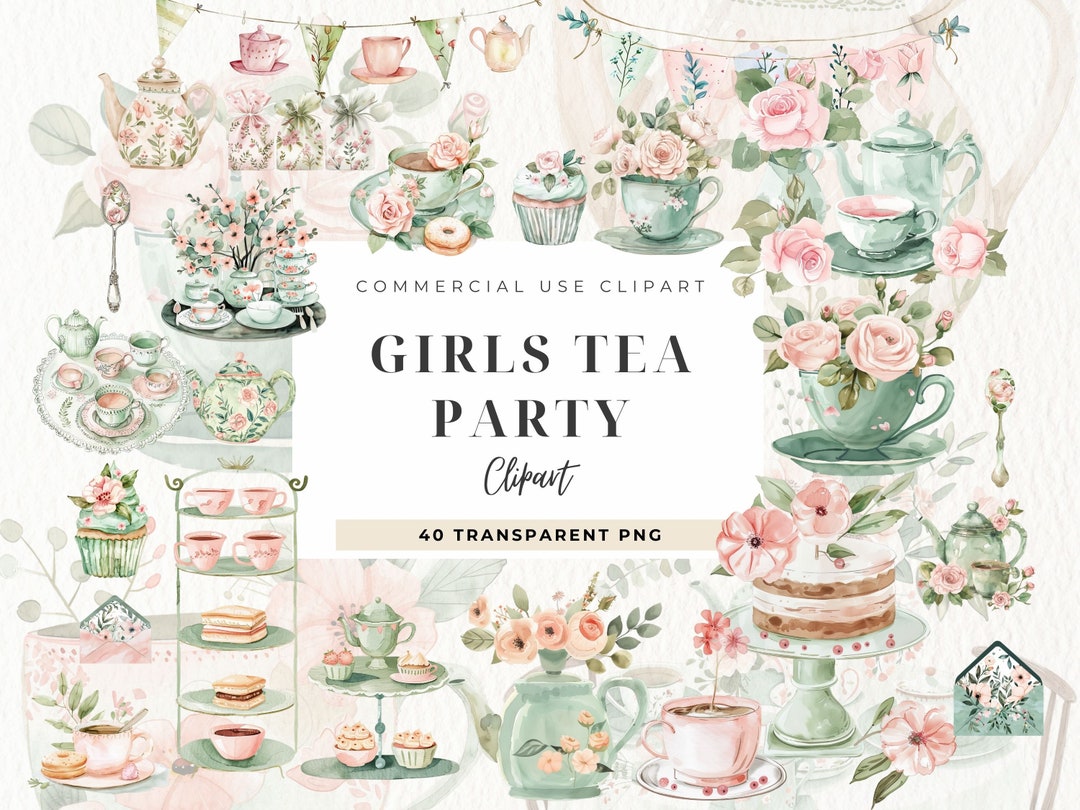 Girls Tea Party Clipart Watercolor, Digital Download, Invitations ...