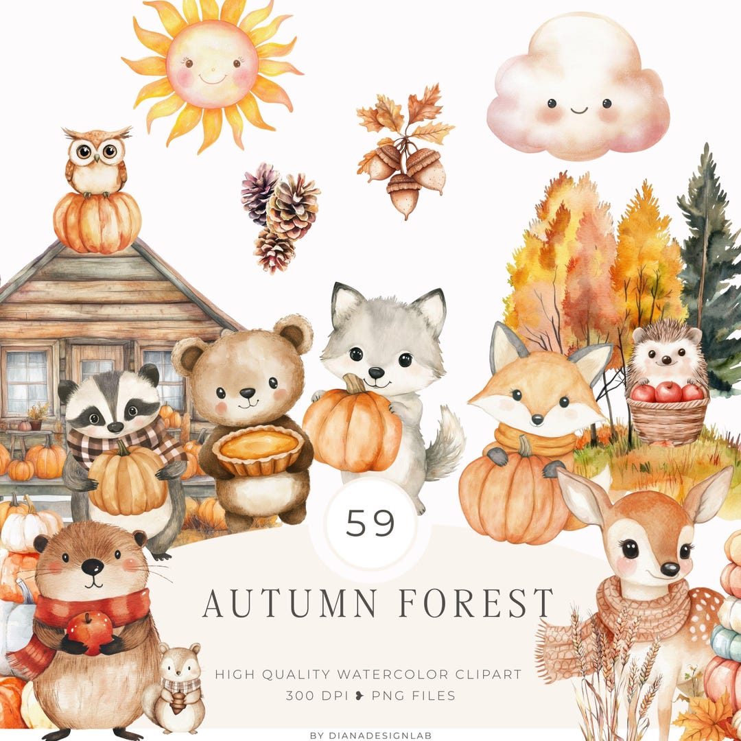Autumn Woodland Animals Clipart – Watercolor Fall Forest PNG Bundle - Etsy