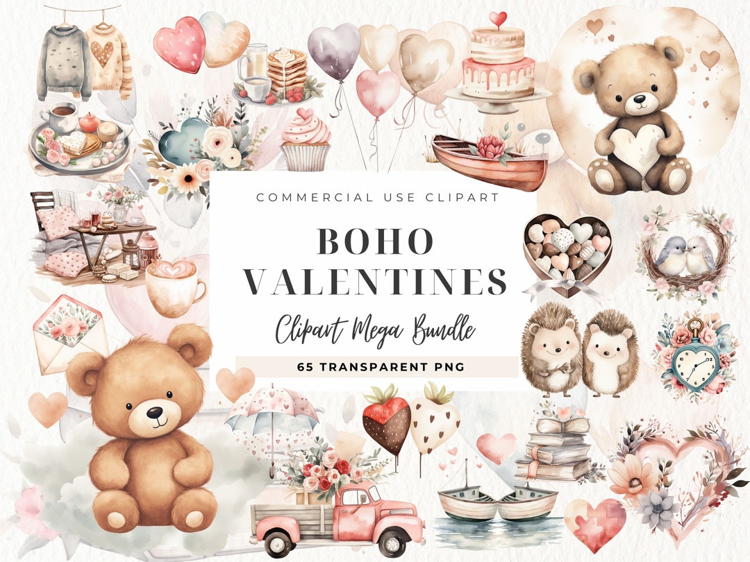Watercolor Valentines Day Clipart, Boho Valentines Clip Art, Teddy ...