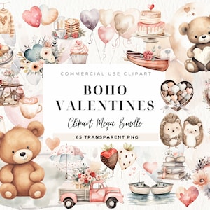 Watercolor Valentines Day Clipart, Boho Valentines Clip Art, Teddy ...