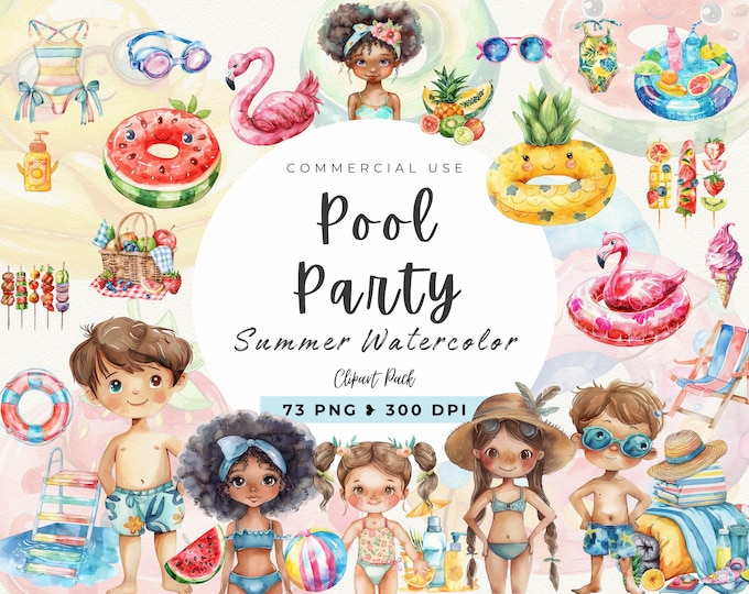 Watercolor Pool Party Clipart: Summer Beach Graphics (digital Stickers ...