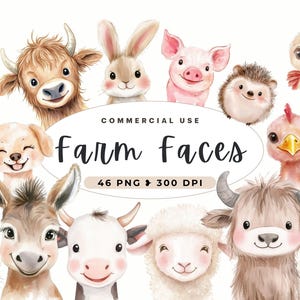 Farm Animals Faces Clipart, Yard Clipart, Cow, Pig, Farm Baby Portrait ...