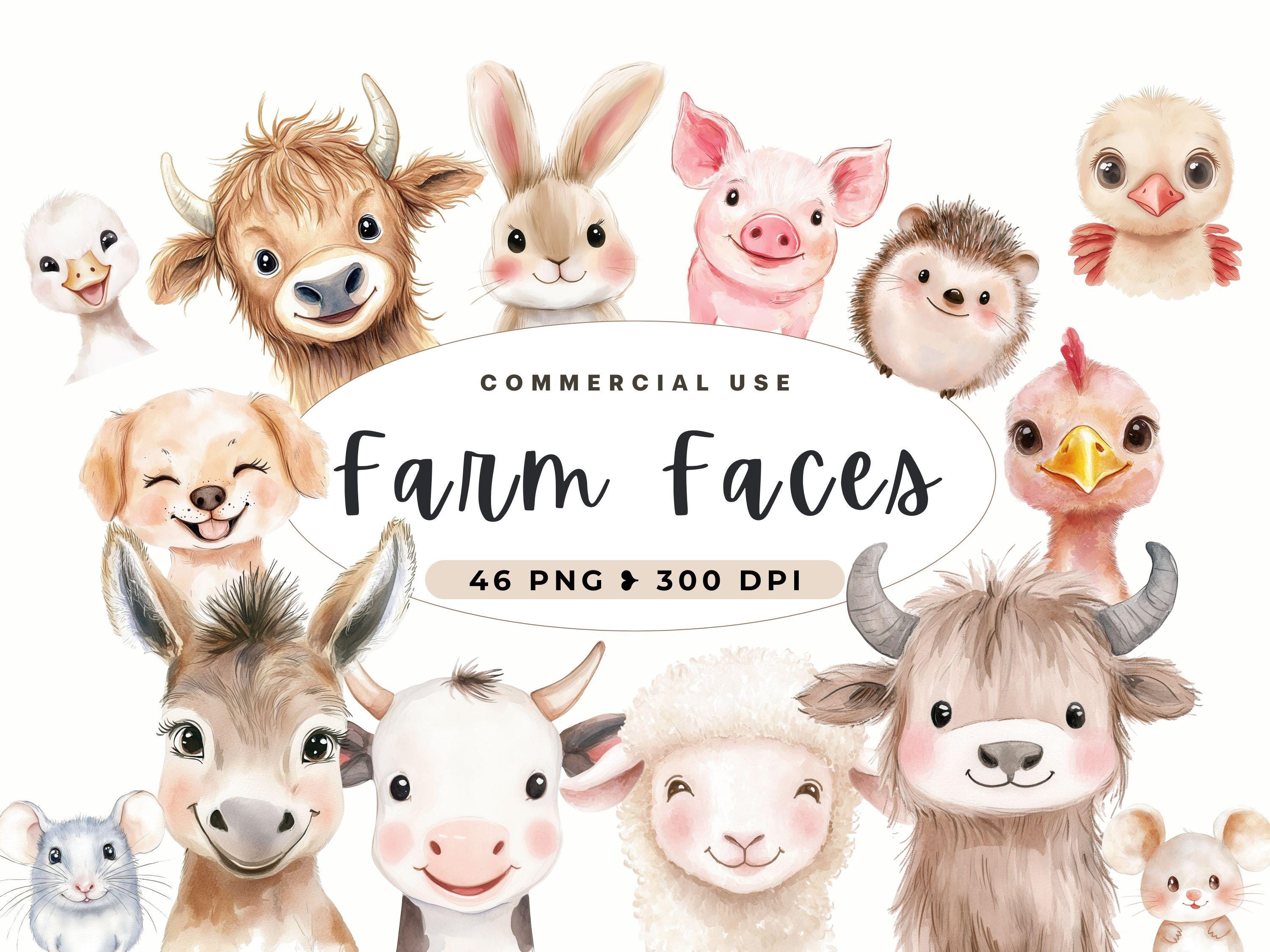 Farm Animals Faces Clipart, Yard Clipart, Cow, Pig, Farm Baby Portrait ...