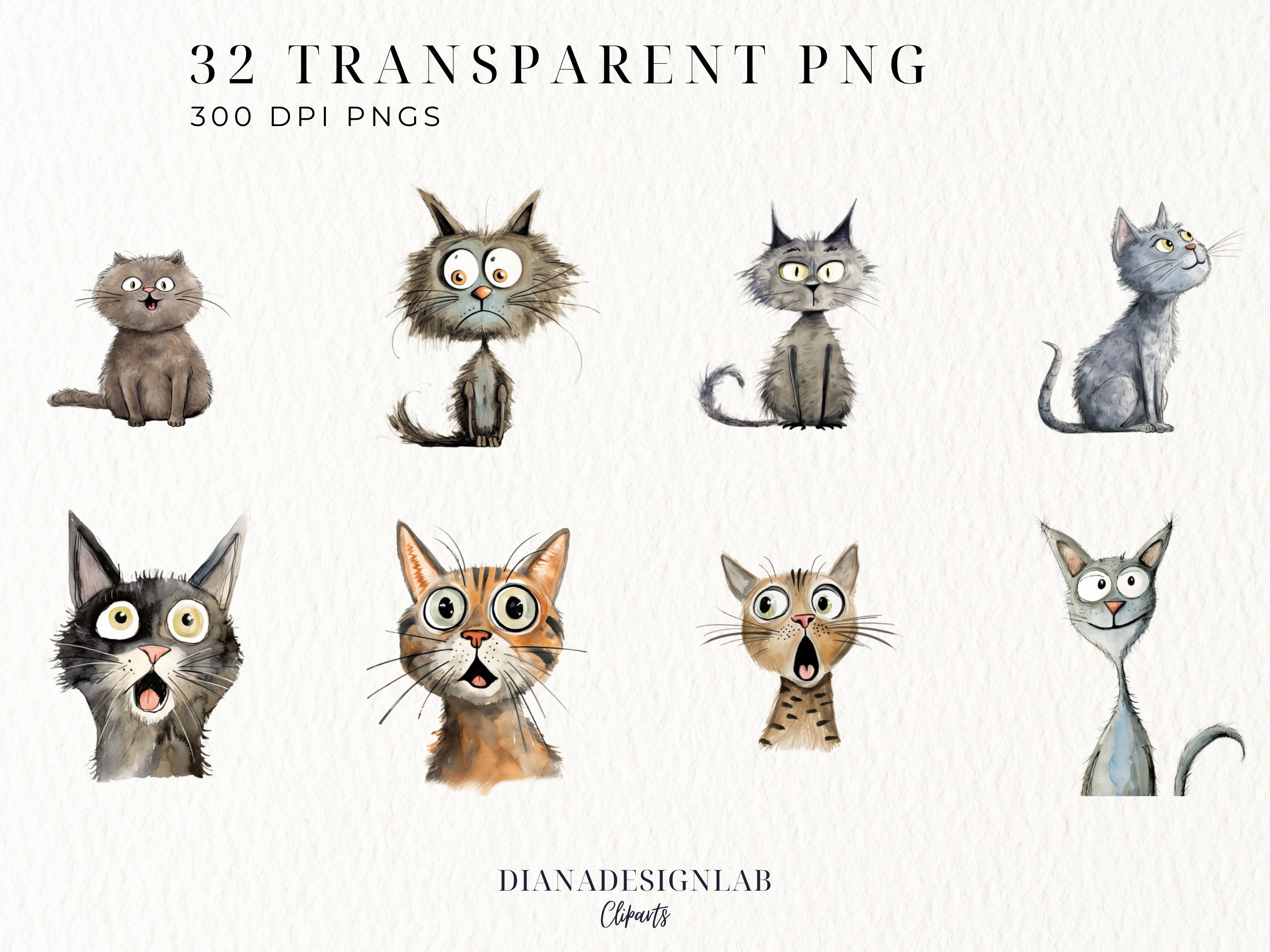 Quirky Cat Clipart, Whimsical Cats Clip Art, Kawaii Cat, Quirky Cat ...