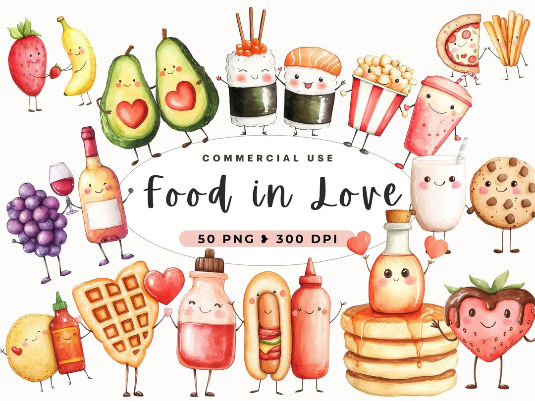 Food in Love Clipart, Perfect Match Kawaii, Cute Watercolor Food ...