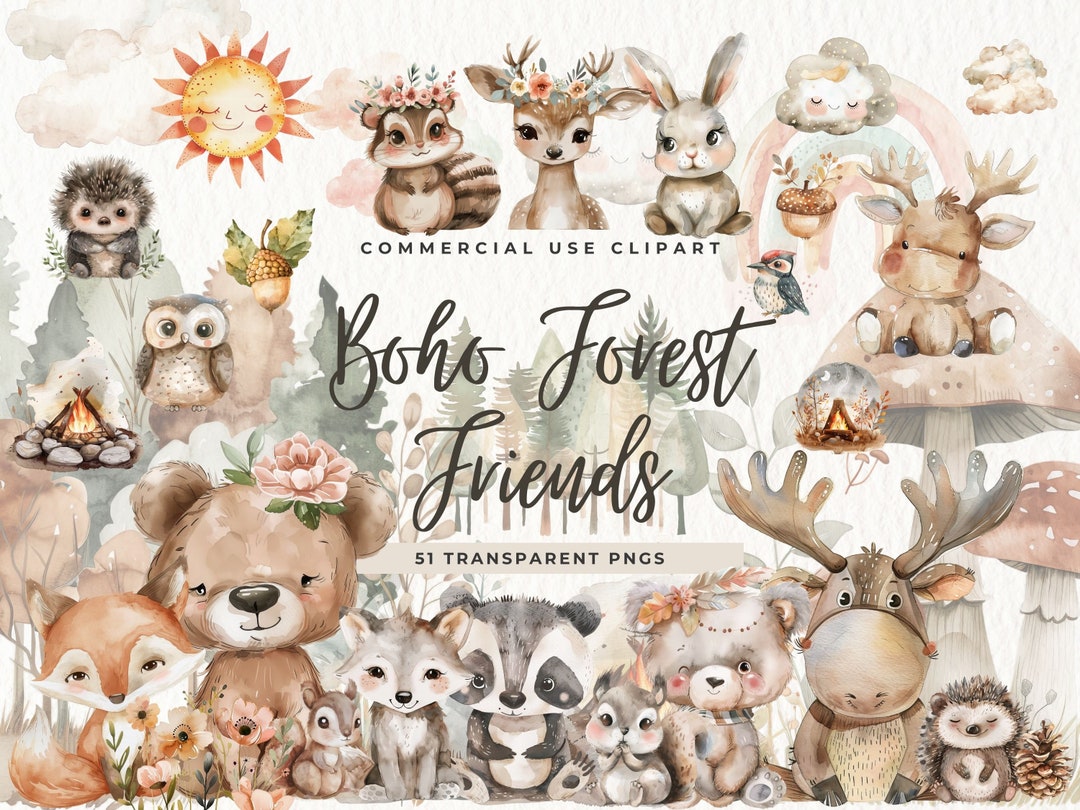 Boho Woodland Animals Clipart Watercolor, Commercial Use, Card Making ...