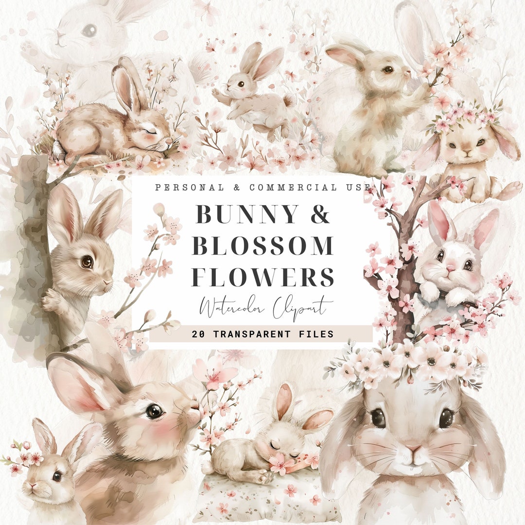 Spring Blossom Clipart, Cute Bunny, Digital Download, Floral Branches ...