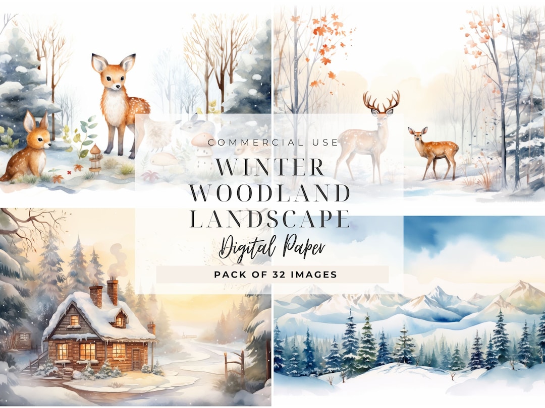 Printable Winter Woodland Landscape Digital Paper, Winter Wonderland ...