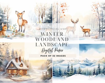 Printable Winter Woodland Landscape Digital Paper, Winter Wonderland ...