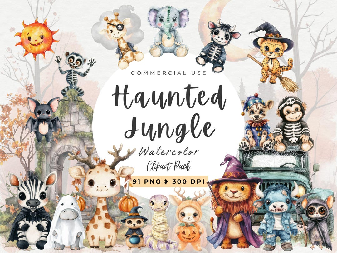 Safari Halloween Watercolor Clipart, Nursery Decor, Spooky Clipart ...