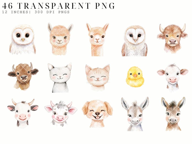 Farm Animals Faces Clipart, Yard Clipart, Cow, Pig, Farm Baby Portrait ...