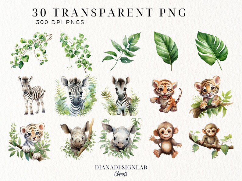 Safari Animals Watercolor Clipart Jungle Nursery Nursery - Etsy