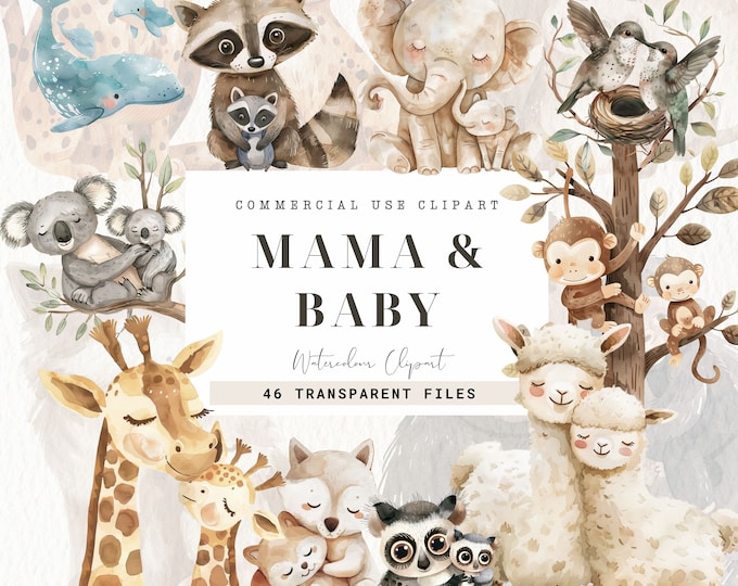 10 Watercolor Animal Mother and Baby Clipart Mothers Day Clipart High ...