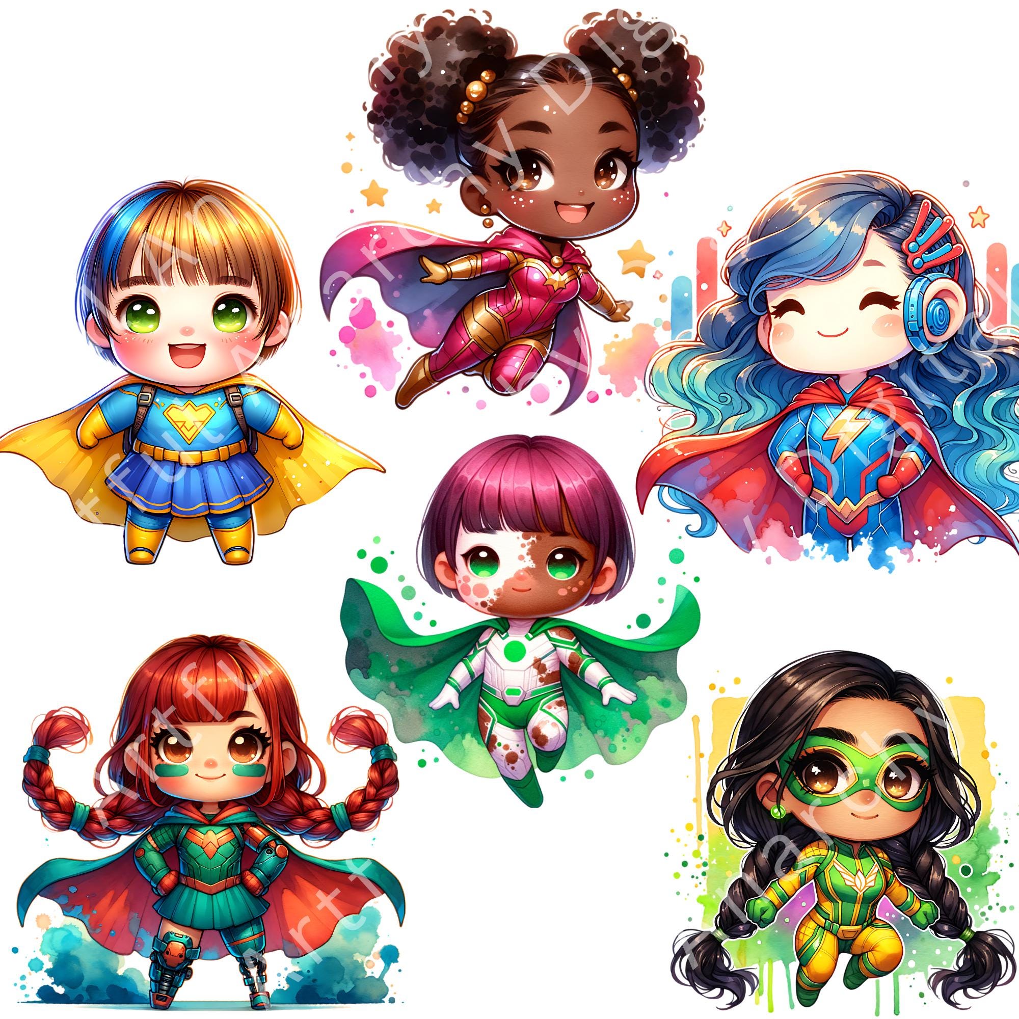 Kawaii Girl Superhero Clipart Set – Inclusive Kids Pngs, Diverse ...