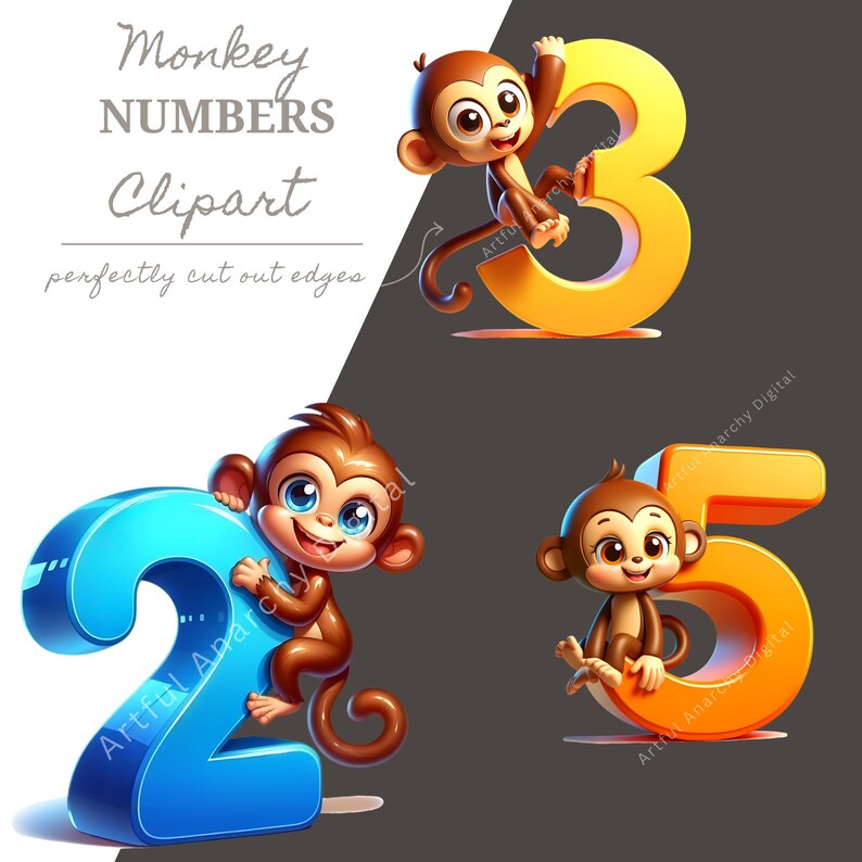 Monkey Numbers 1-10 Clipart Pack, 3D Cartoon Style, Bright Primary ...