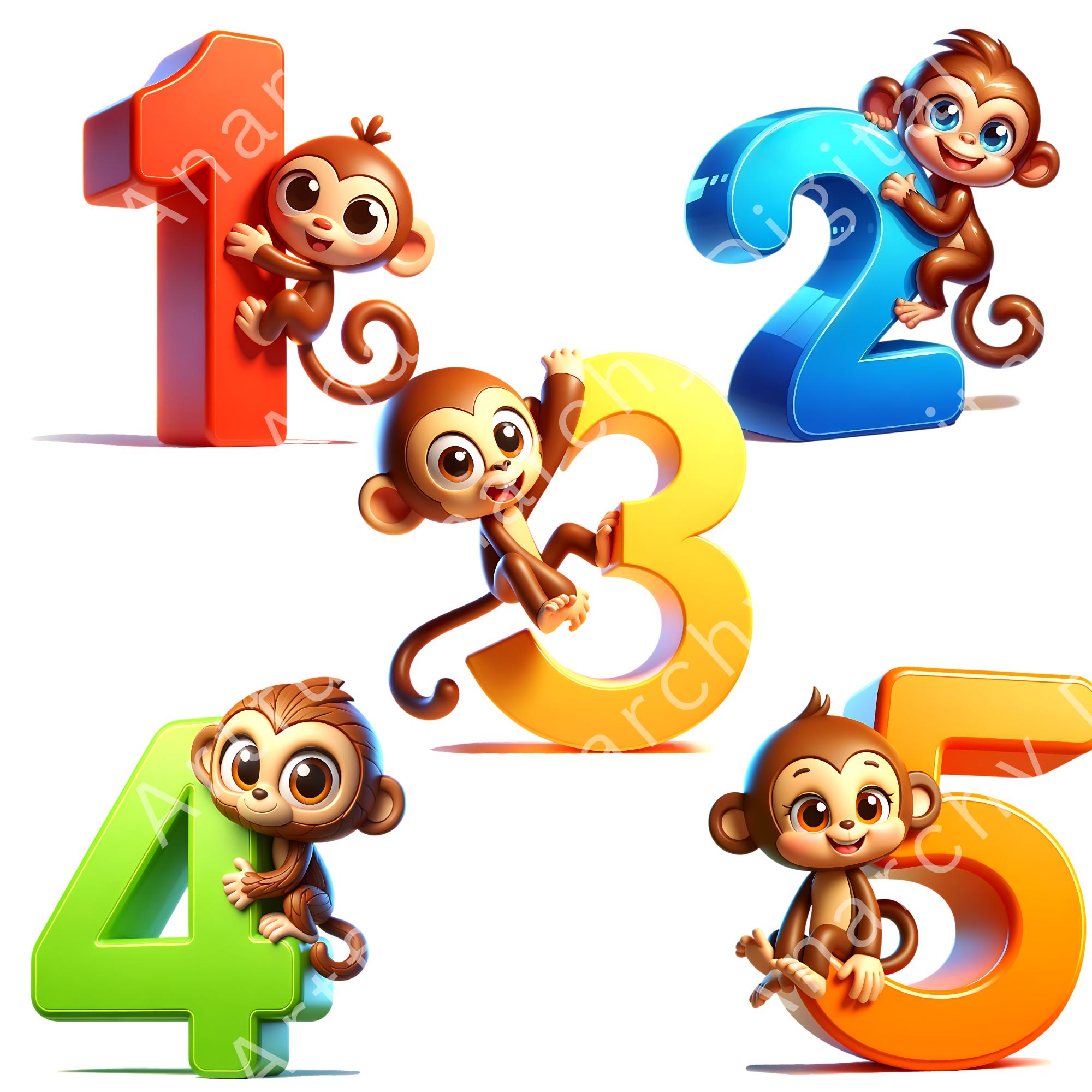 Monkey Numbers 1-10 Clipart Pack, 3D Cartoon Style, Bright Primary ...