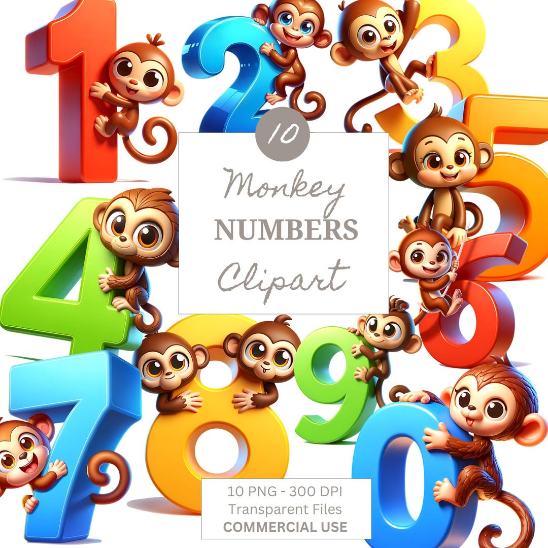 Monkey Numbers 1-10 Clipart Pack, 3D Cartoon Style, Bright Primary ...