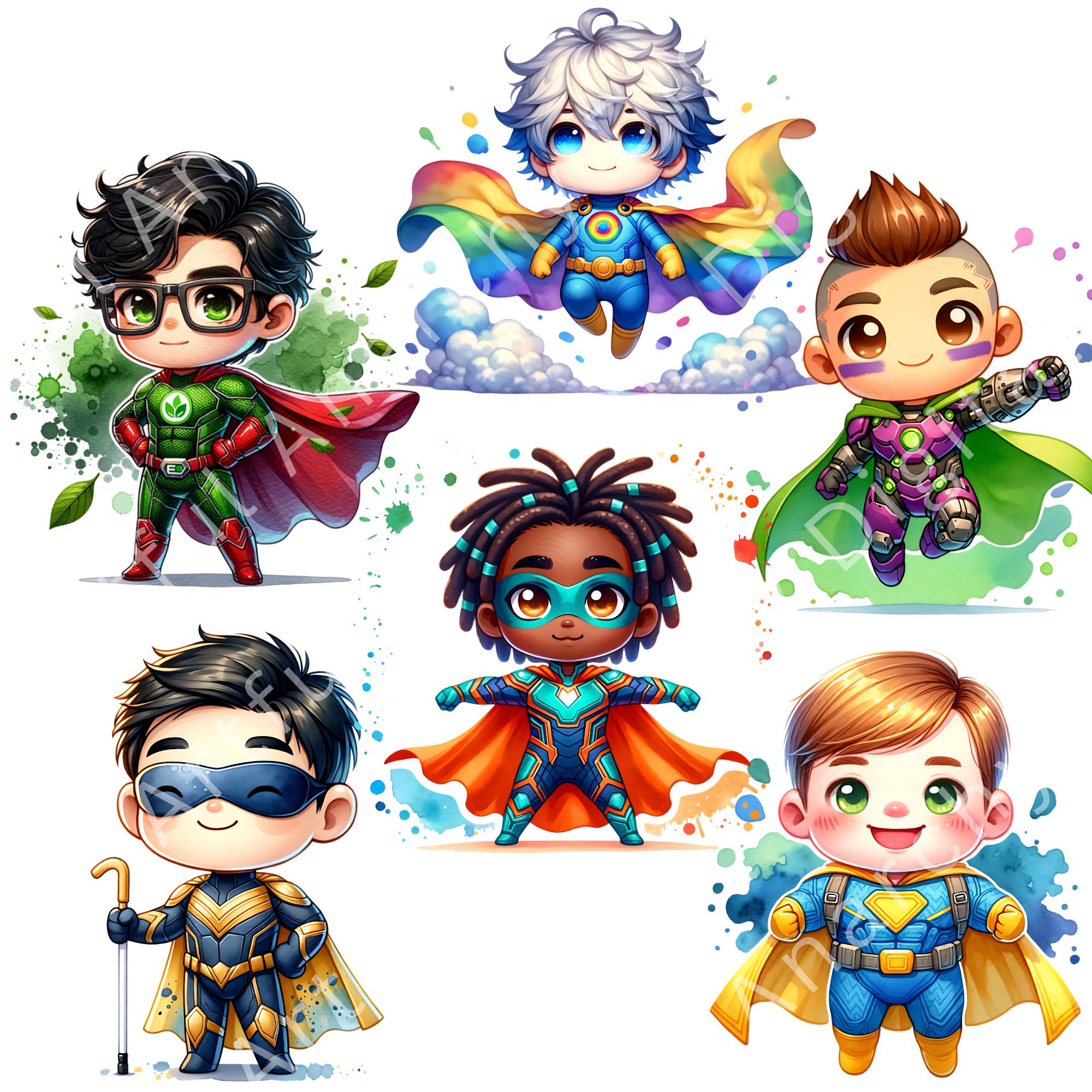 Kawaii Boy Superhero Clipart Set – Inclusive Kids Pngs, Diverse ...