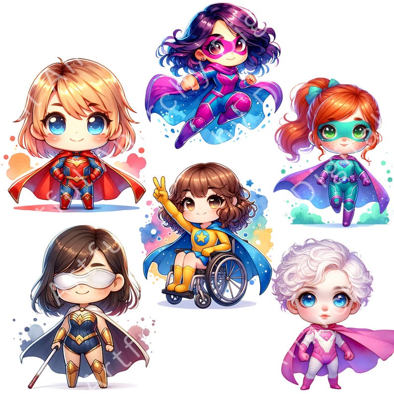 Kawaii Girl Superhero Clipart Set – Inclusive Kids Pngs, Diverse ...