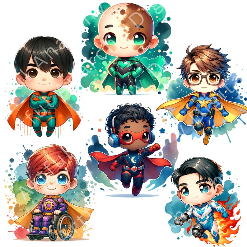 Kawaii Boy Superhero Clipart Set – Inclusive Kids Pngs, Diverse ...