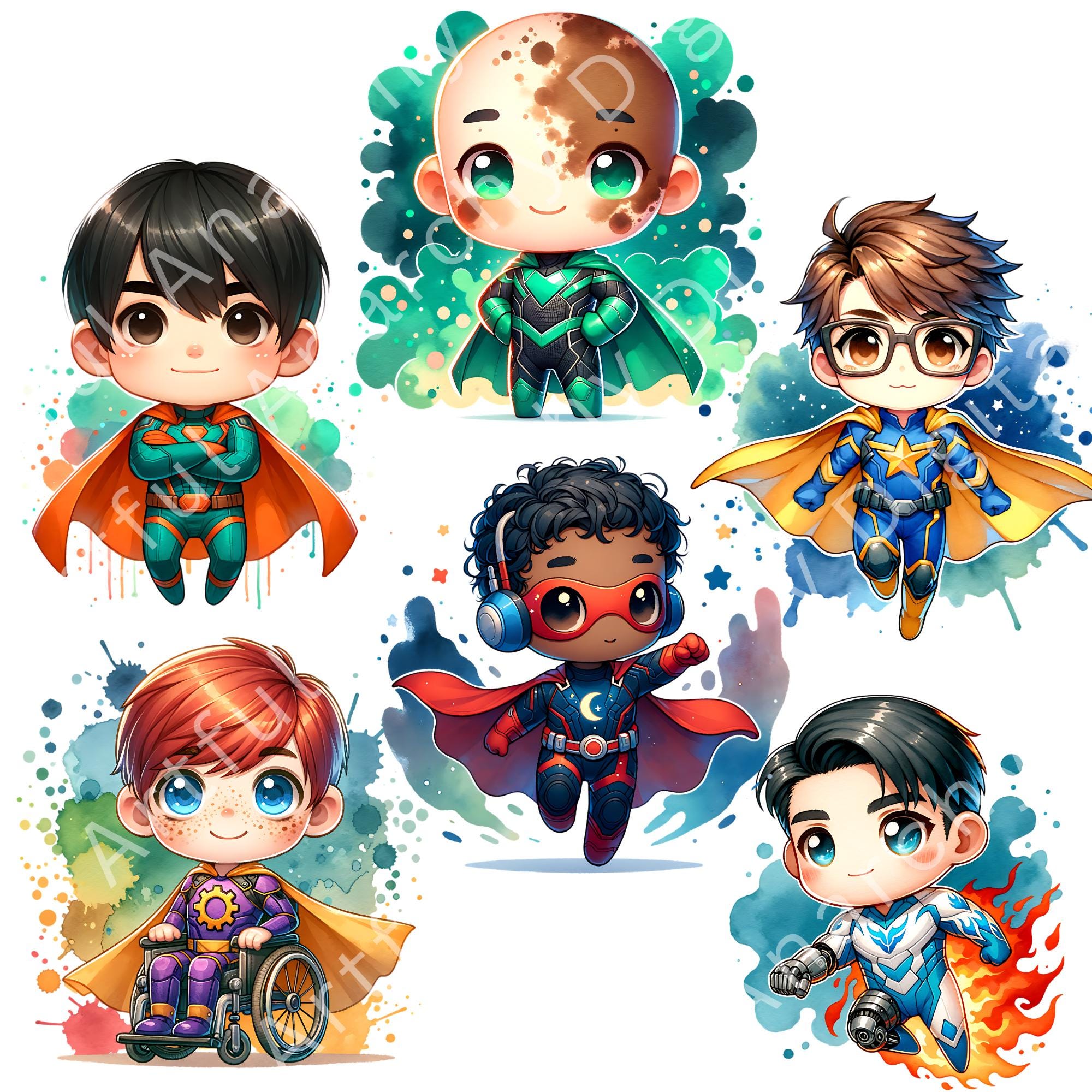 Kawaii Boy Superhero Clipart Set – Inclusive Kids Pngs, Diverse ...