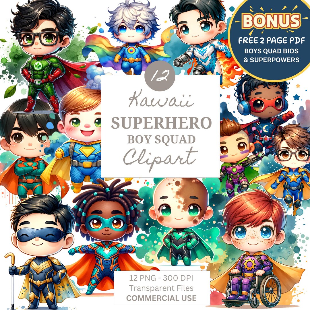 Kawaii Boy Superhero Clipart Set – Inclusive Kids Pngs, Diverse ...