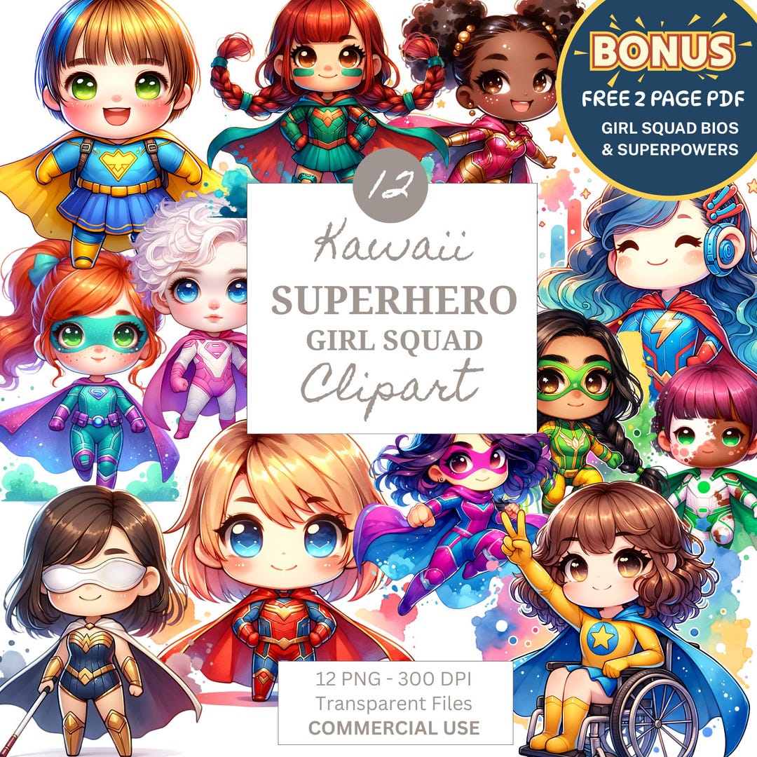 Kawaii Girl Superhero Clipart Set – Inclusive Kids Pngs, Diverse ...
