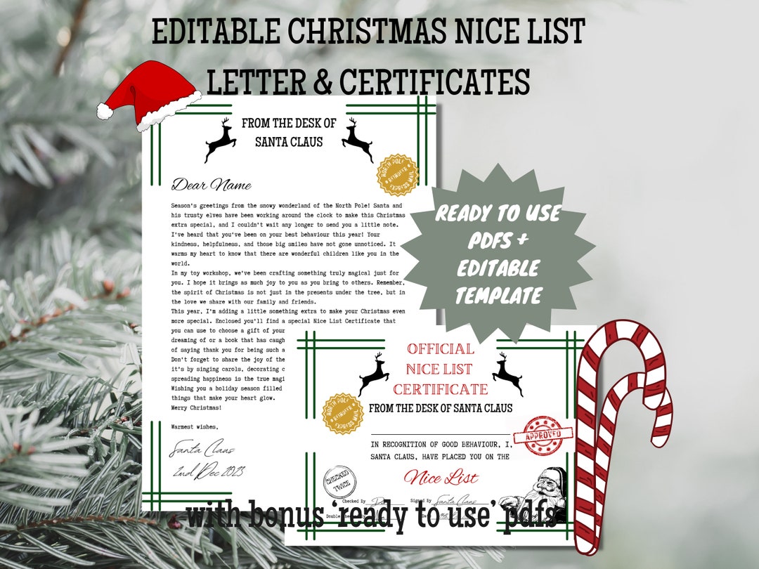 EDITABLE Nice List Santa Letter & Certificate Customisable Christmas ...