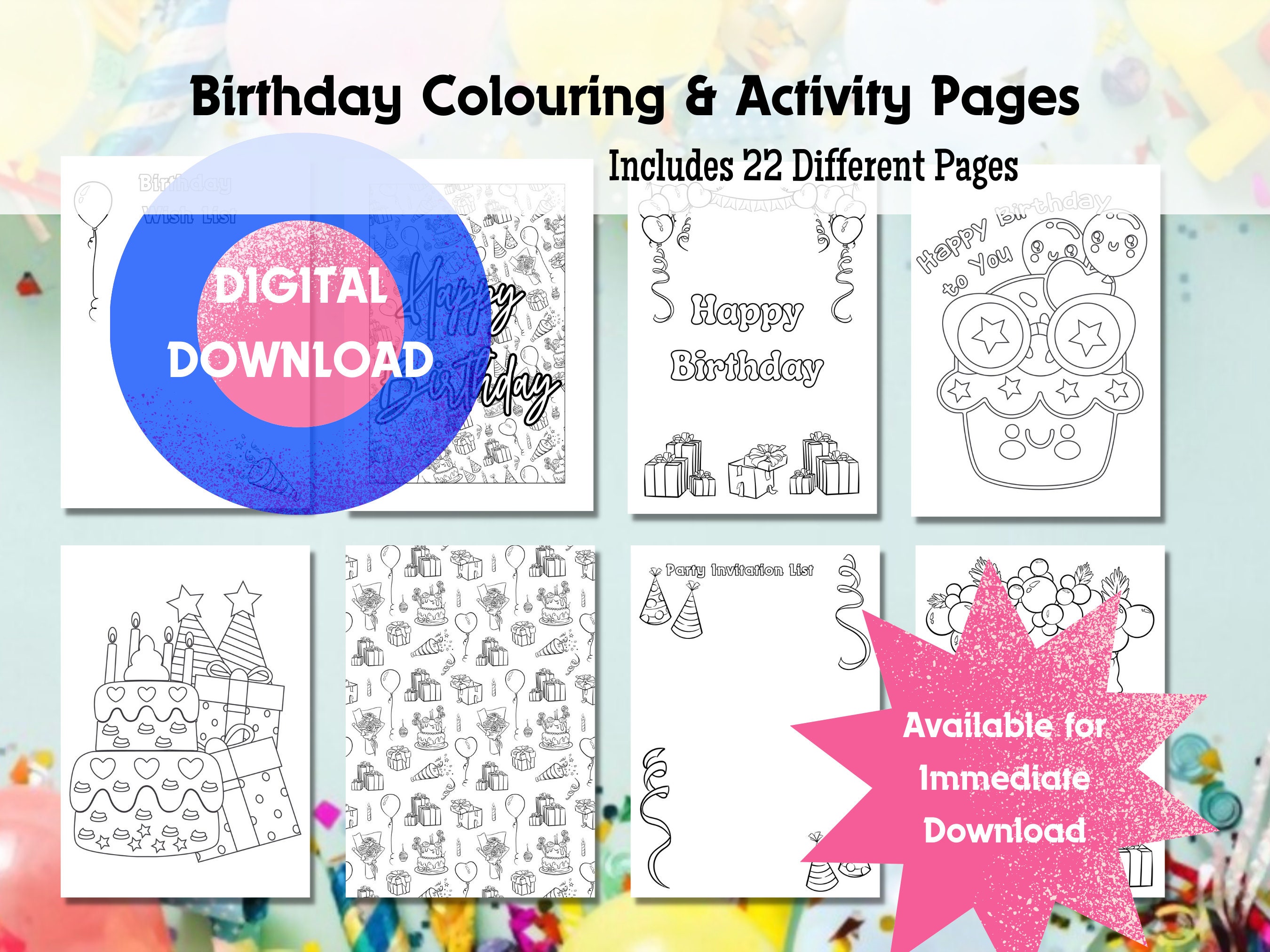 Printable Birthday Activity Book 22 Different Pages Birthday Colouring ...