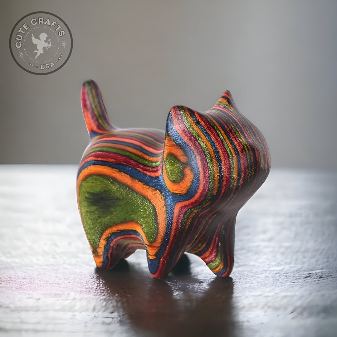 Handmade Wooden Cat Figurine, Wood Cat Sculpture, Wooden Animal ...