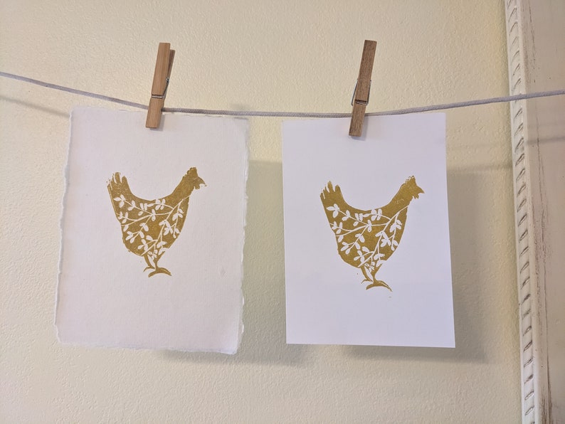 Original Botanical Chicken Hen Floral Print Linocut Linoprint - Folk ...