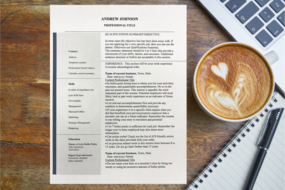 ATS Friendly Plain Text Sidebar Resume Template - Etsy