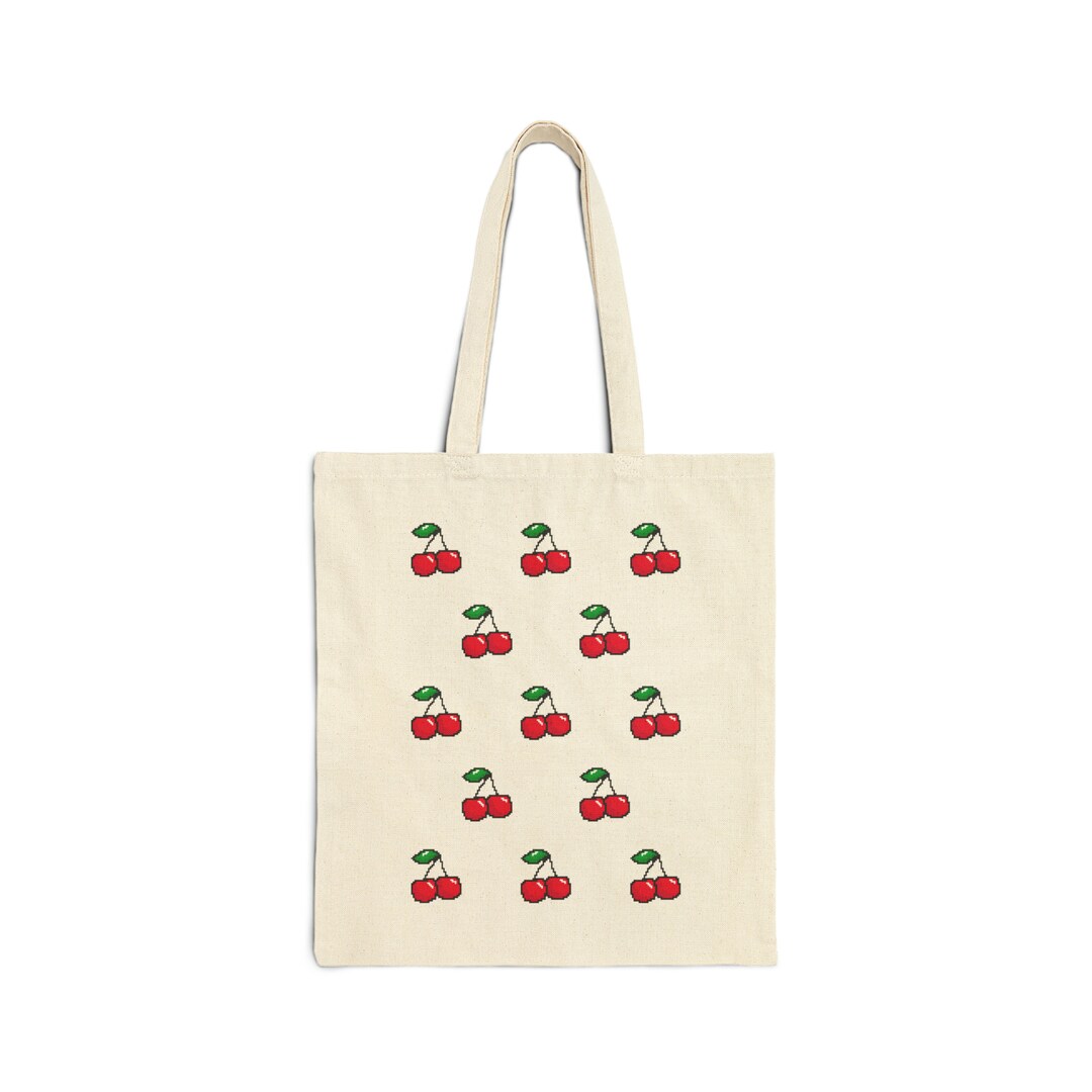 Cherry Pixel Pattern Canvas Tote Bag, Cherry Tote Bag, Cute Cherry Gift ...