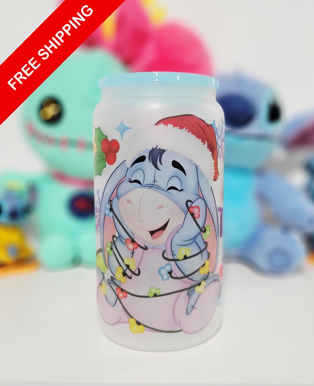 Eeyore Frosted Can Glass | Christmas 16oz Cup | Holiday Winnie the Pooh ...