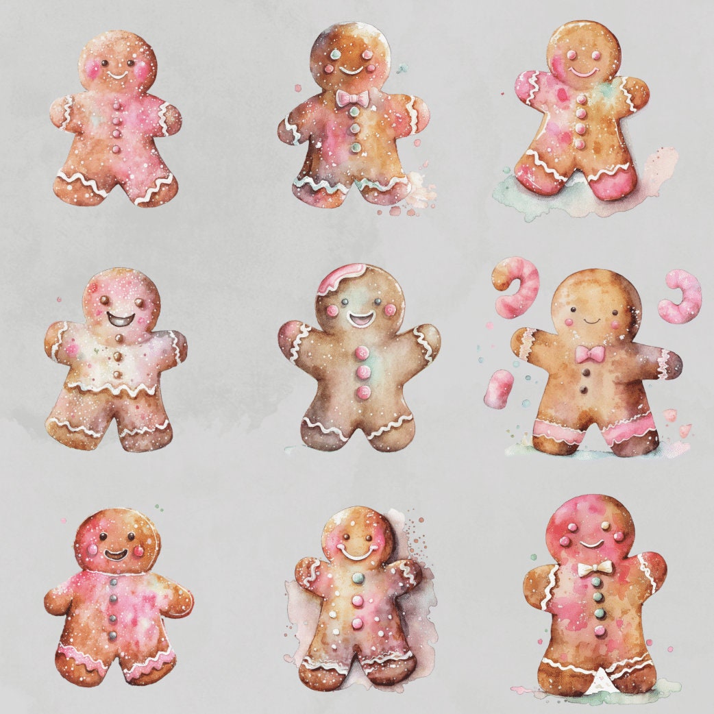 Pink Gingerbread Man Watercolor Christmas Illustrations Clip Art Bundle ...