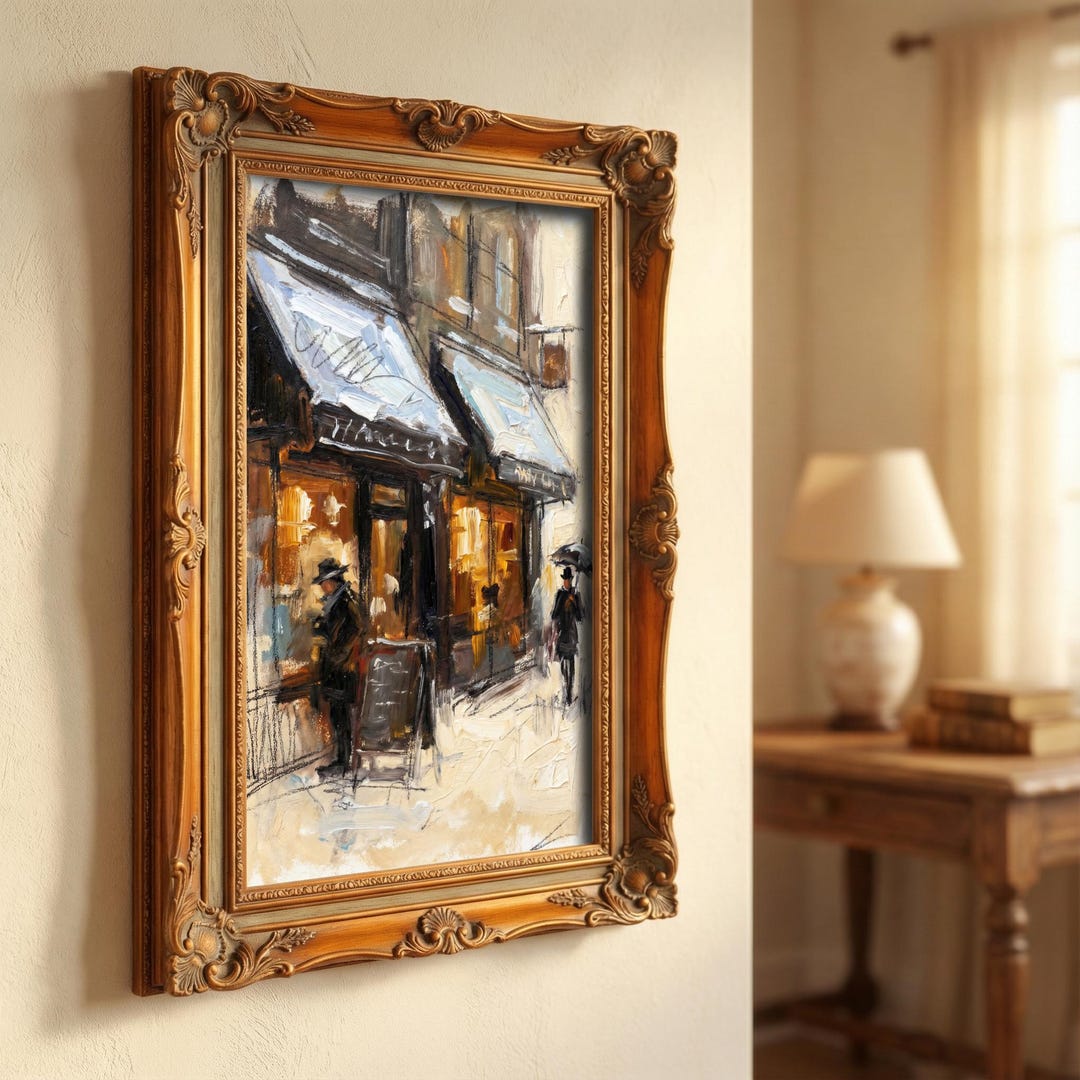 Vintage London Shop Print - Rustic Winter Street Oil Painting, Neutral ...