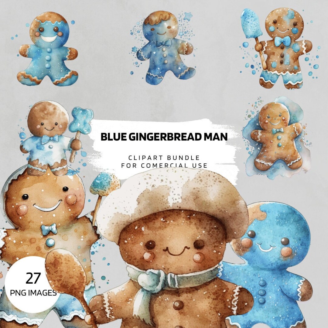 Blue Gingerbread Man Watercolor Christmas Illustrations Clip Art Bundle ...