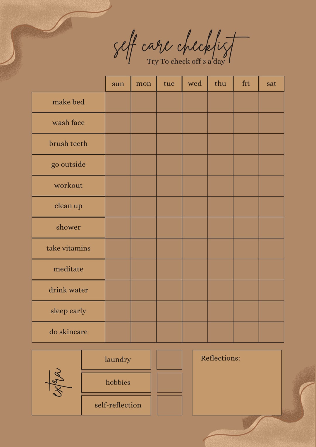 Self-care Checklist (brown) - Etsy
