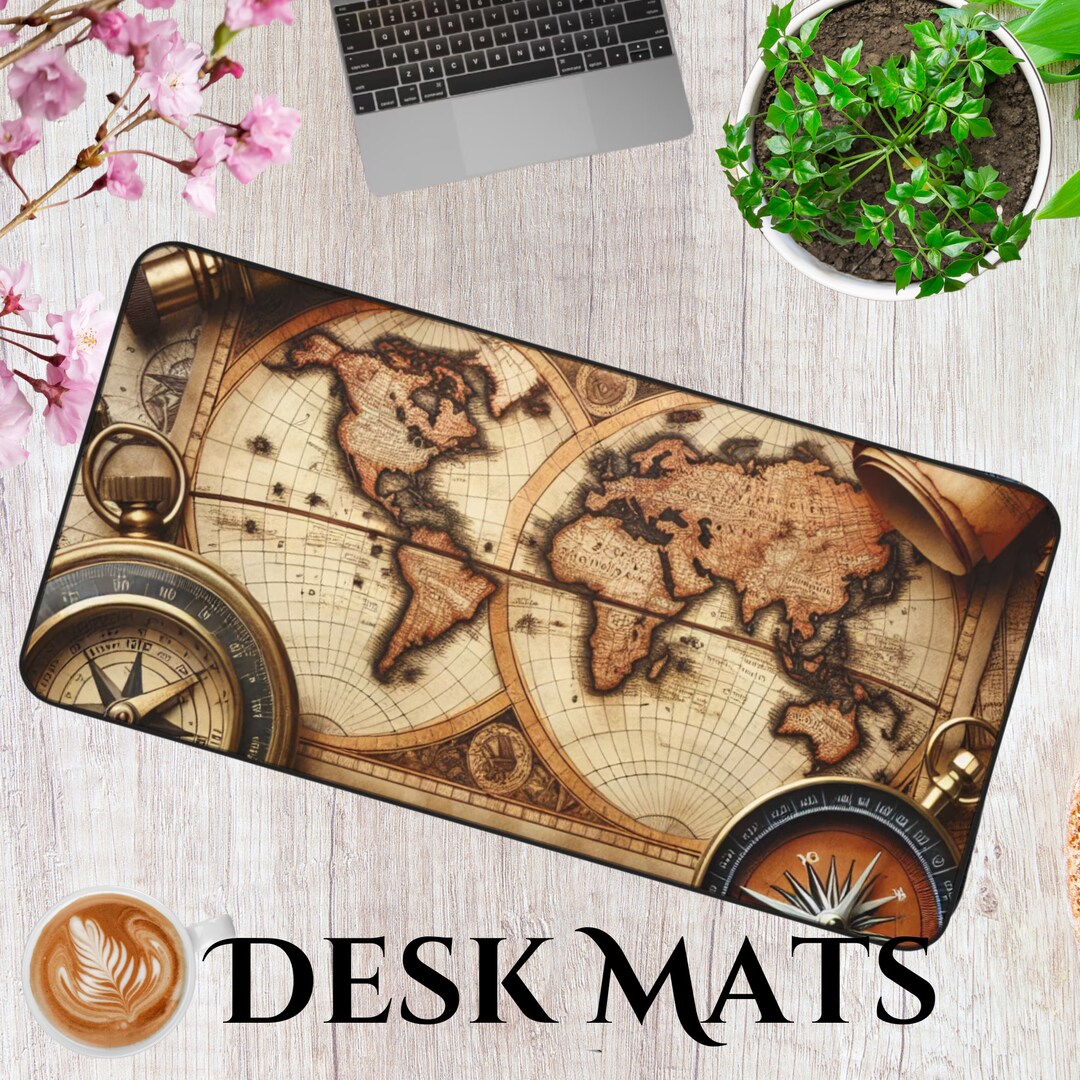 Vintage Maps and Compass Desk Mat, Antique Exploration With World Maps ...