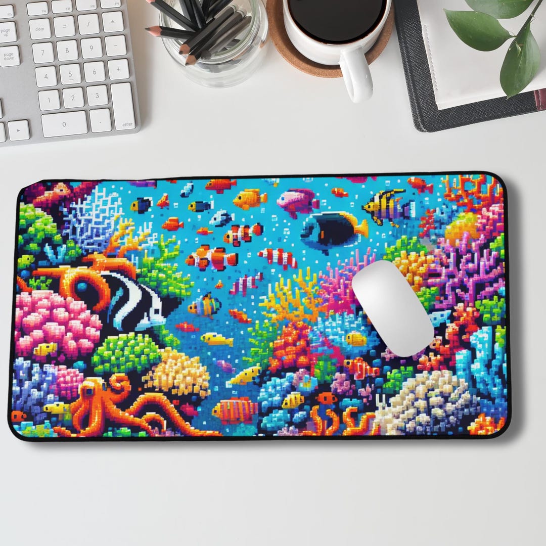 Pixelated Sea World Desk Mat, Underwater Coral Reef Desk Mat, Vibrant ...