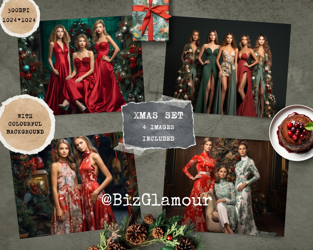 Christmas Models Stock Image Set of 4 Bold Gorgeous Xmas Costume ...