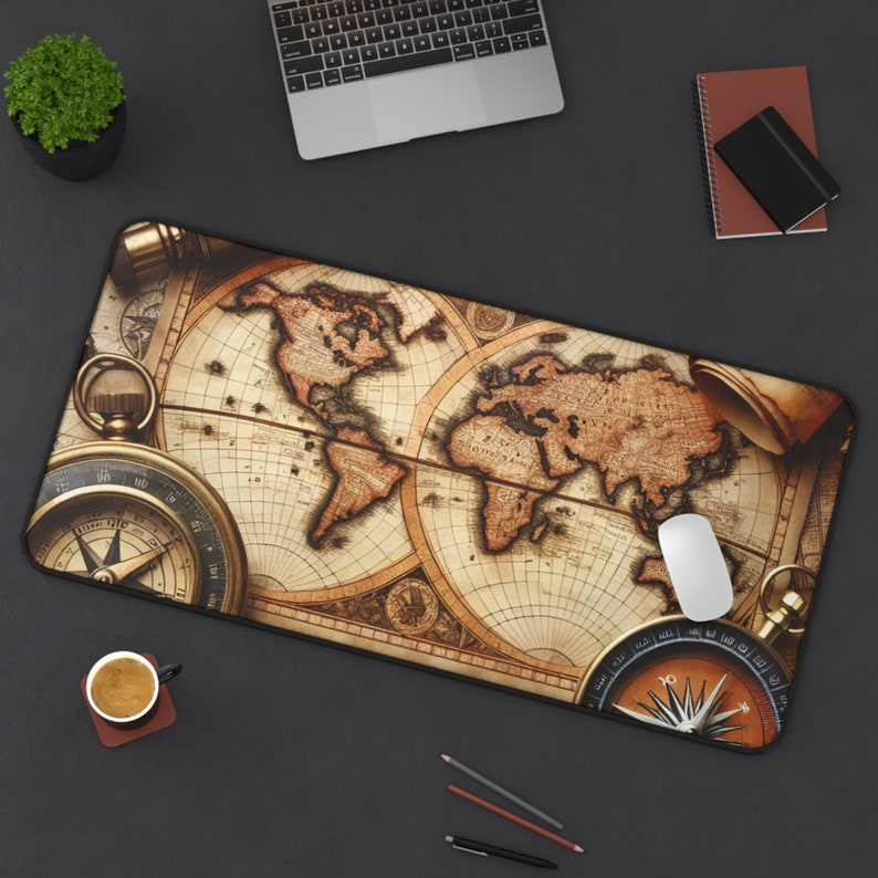 World Map Deskmat, Vintage Maps and Compass Desk Mat, Antique ...